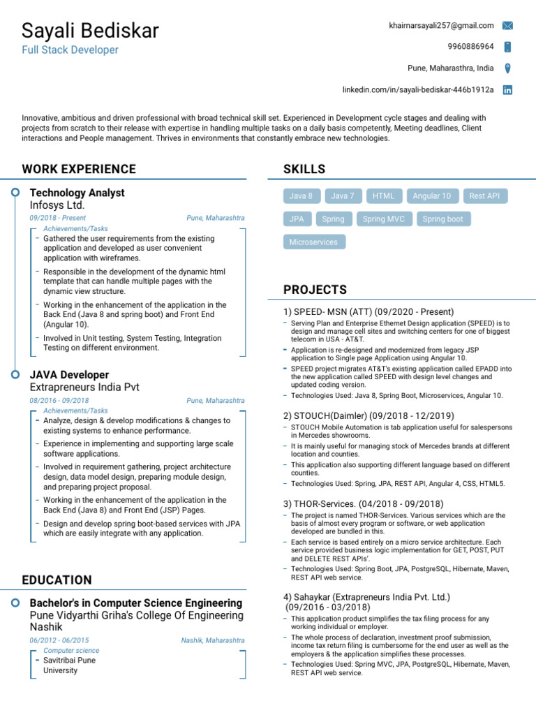 Sayali's Resume One Page | PDF | Spring Framework | Java (Programming Language)