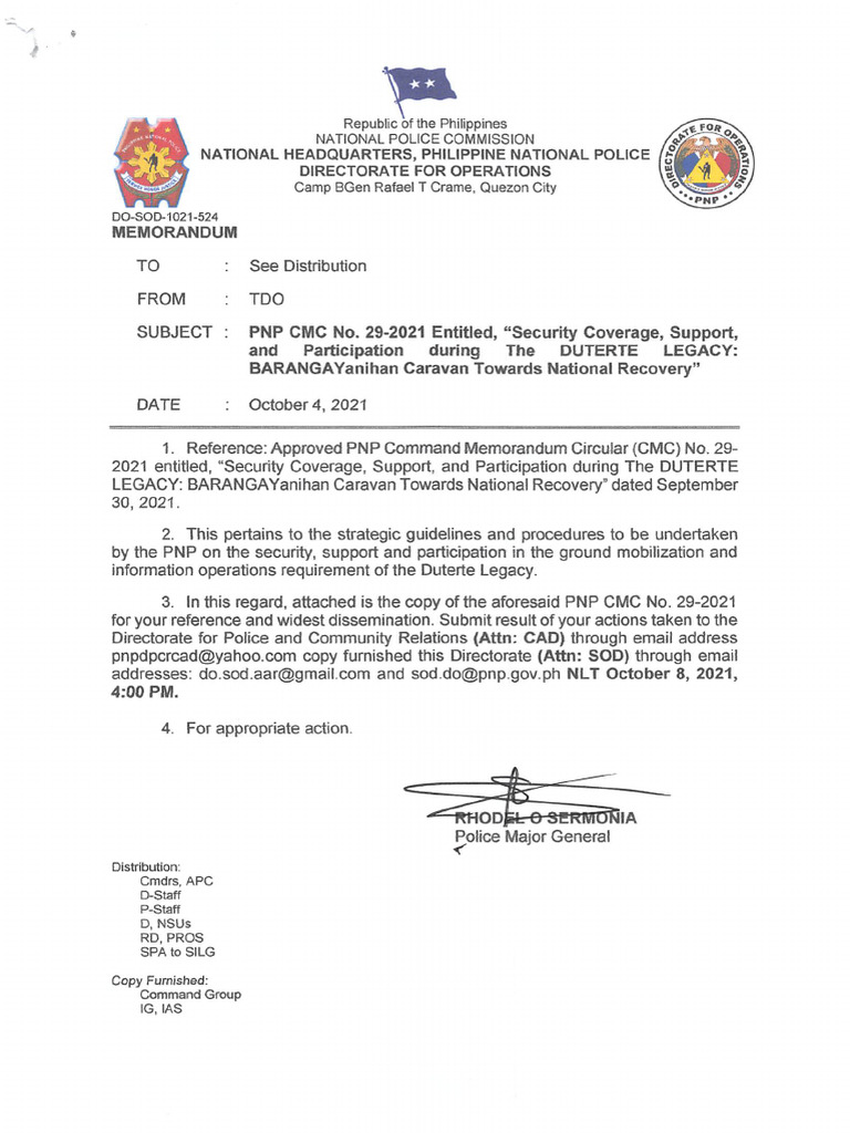 PNP CMC No 29 2021 Entitled Security Coverage, Support and ...