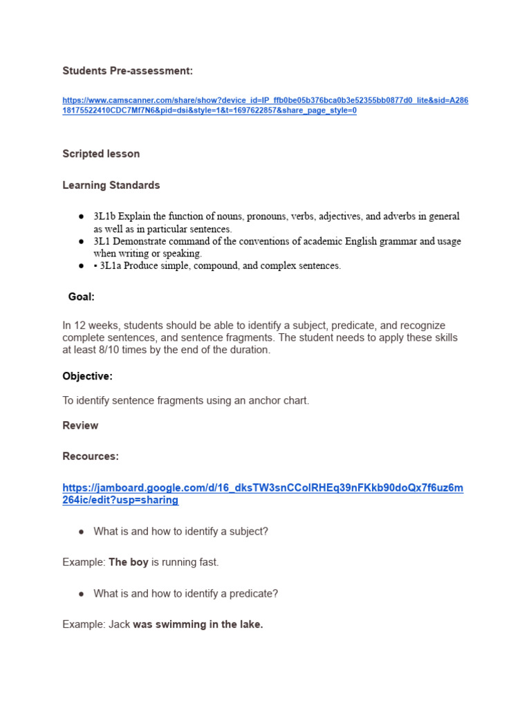 Fragment Scripted Lesson Plan 1 1 | PDF | Subject (Grammar) | Linguistics