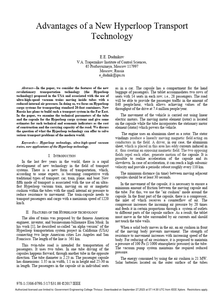 Advantages of A New Hyperloop Transport Technology | PDF