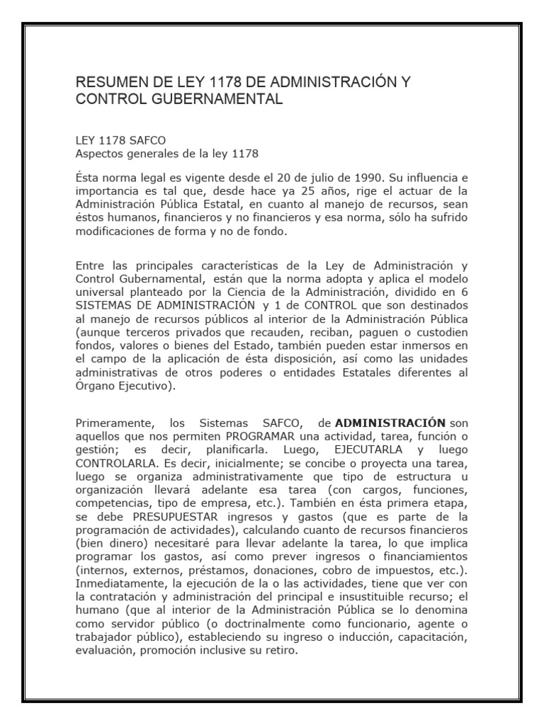 Resumen de Ley 1178 de Administracion y Control Gubernamenta1 | PDF ...