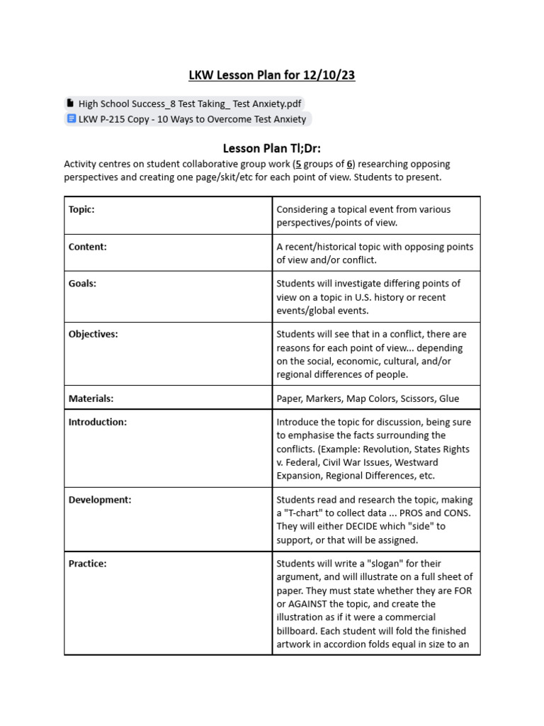 LKW Lesson Plan - Test Anxiety | PDF | Psychological Trauma | Lesson Plan