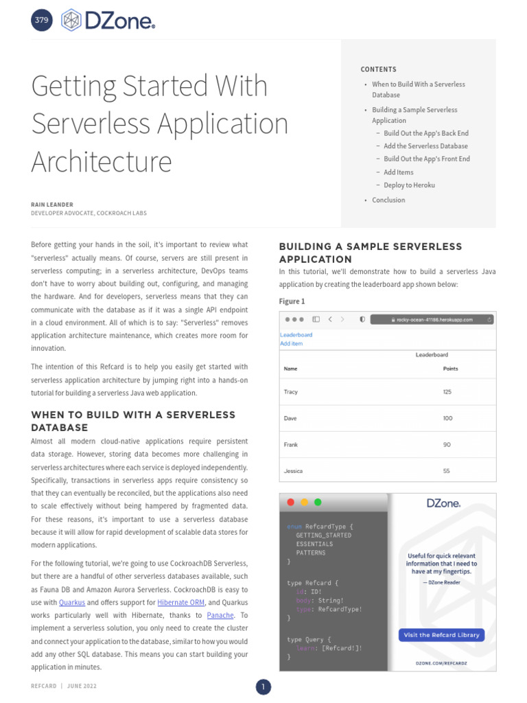 House Dzone Refcard 379 Getting Started Serverless | PDF | Web Application | Databases