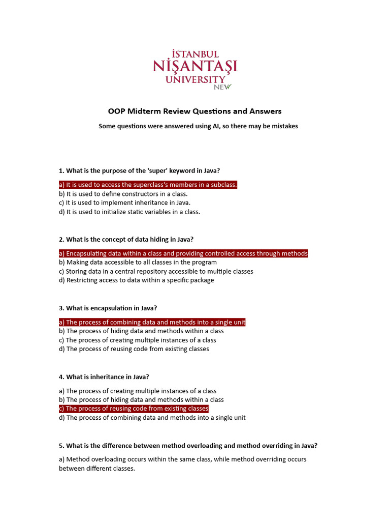 OOP Midterm Review Questions and Answers-1 | PDF | Method (Computer Programming) | Inheritance ...