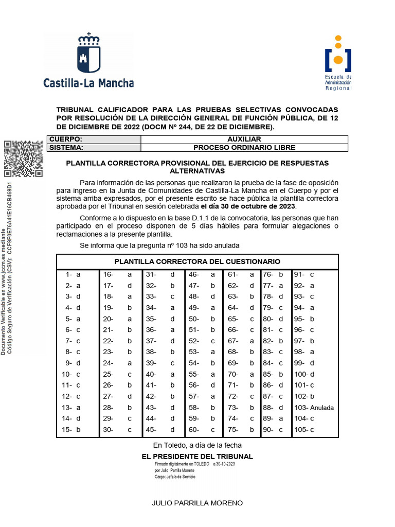 Plantilla Provisional Auxiliar Proceso Ordinario Acceso Libre | PDF