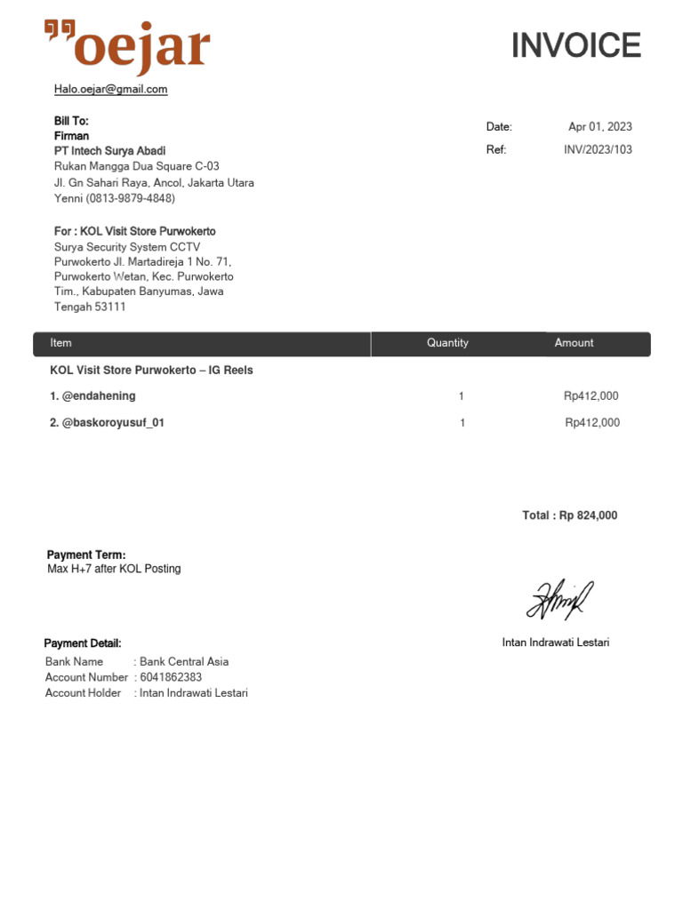 Invoice Avaro Kol Visit Store Purwokerto | PDF