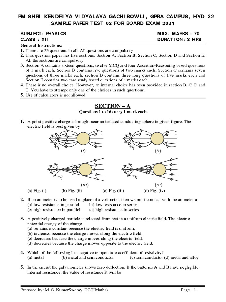 Physics Class Xii Sample Paper Test 02 For Board Exam 2024 | PDF ...