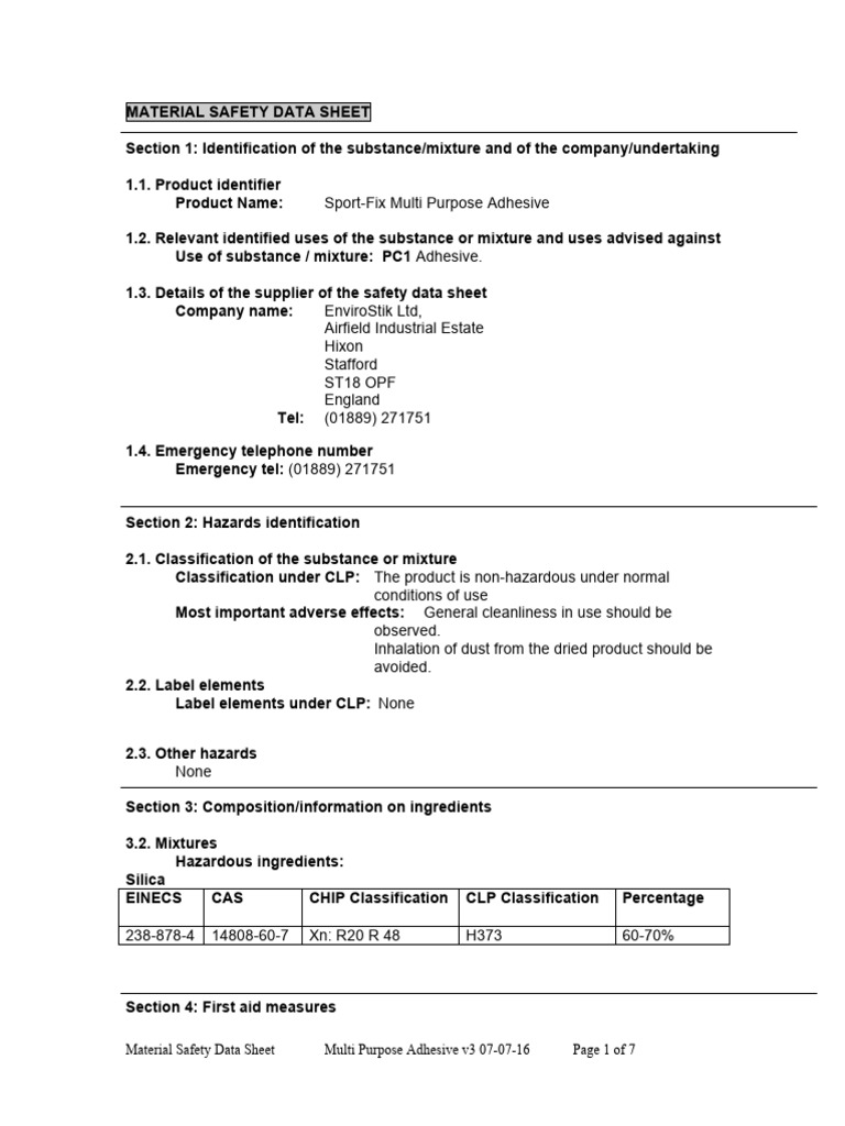 Material Safety Multi Purpose Adhesive v3 | PDF | Hazards | Waste