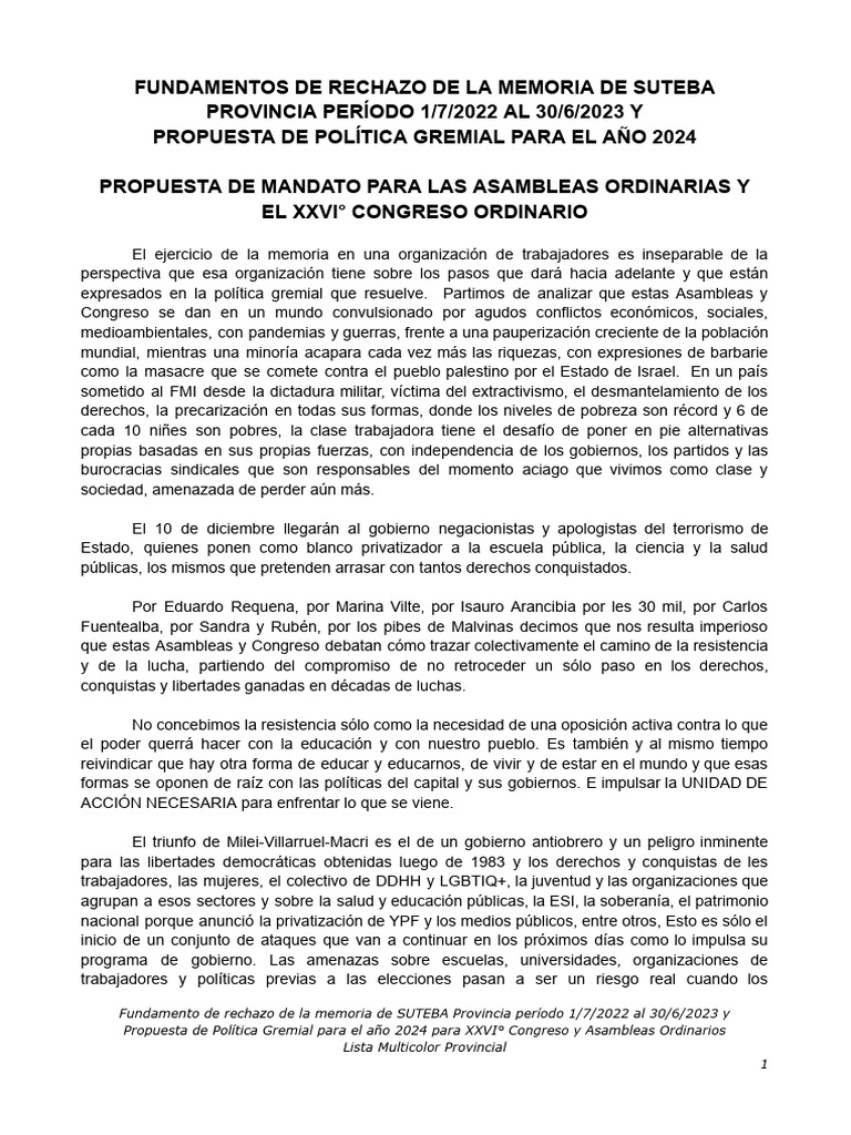Fundamento de Rechazo de La Memoria de Suteba Período 1-7-2022 Al 30-6-2023 y Propuesta de ...