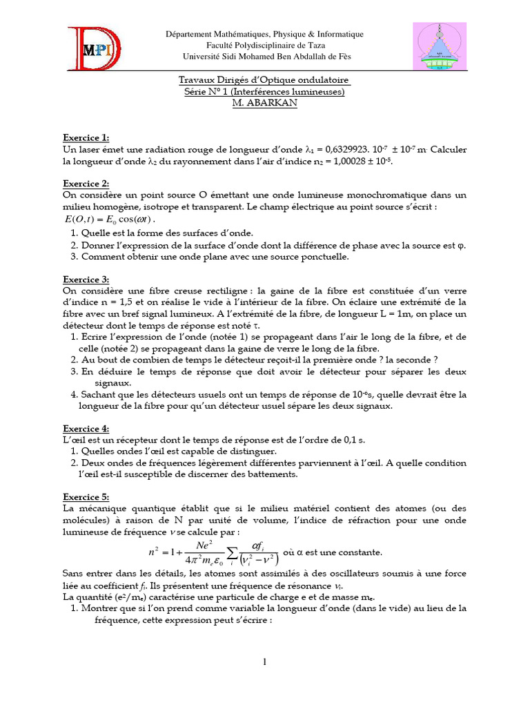 TD1-Optique Ondulatoire Serie N1 | PDF