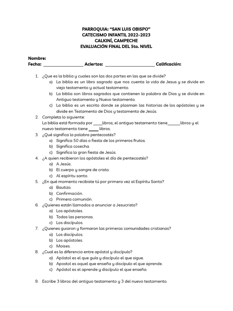 Examen 5to Nivel | PDF | eucaristía | Iglesia Católica