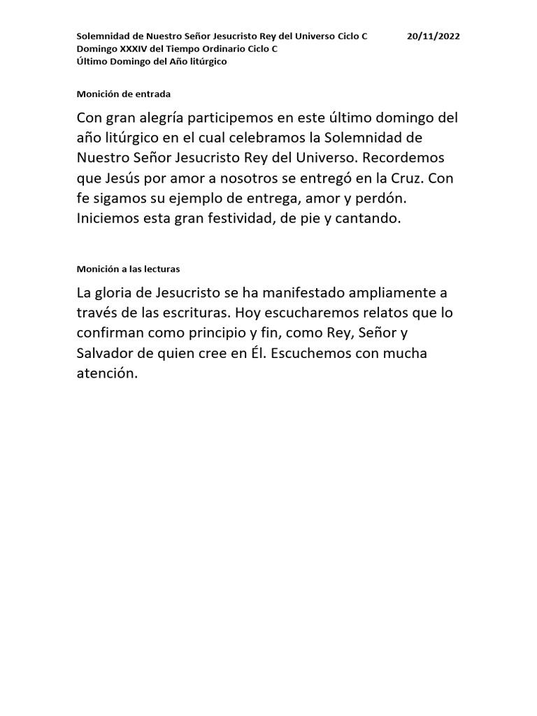 Moniciones Solemnidad de Nuestro Señor Jesucristo Rey Del Universo ... Moniciones Solemnidad de Nuestro Señor Jesucristo Rey Del Universo ...