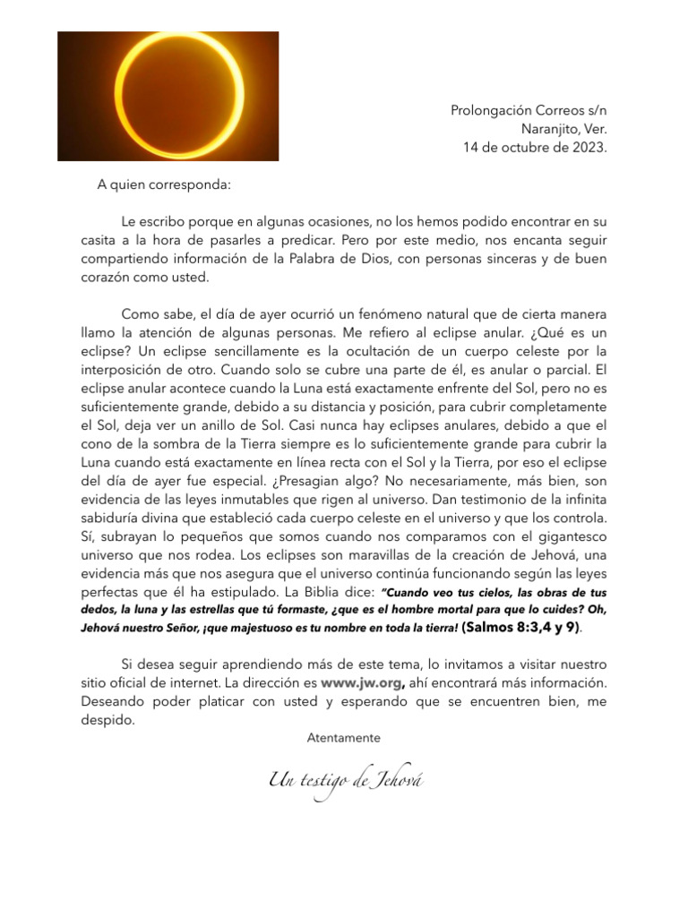 Carta Del Eclipse Octubre 2023 | PDF | Eclipse | Eclipse solar