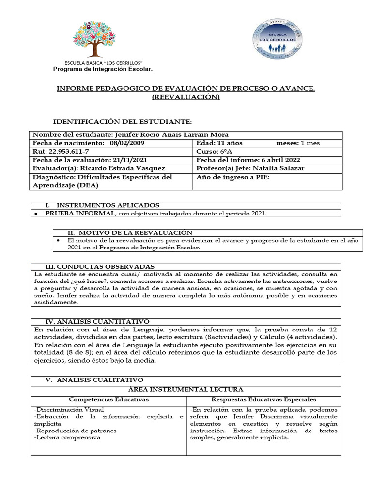 Jenifer Rocío Anaís Larraín Mora 6A INFORME PSICOPEDAGÓGICO (PRUEBA ...