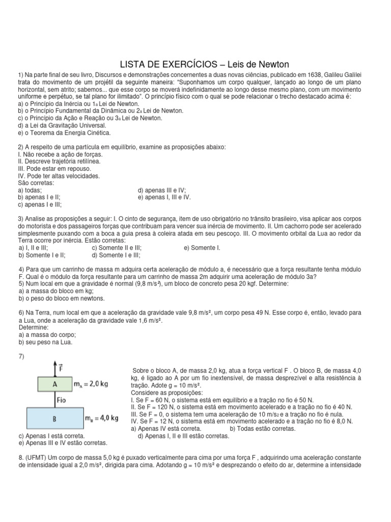 Lista de Exercícios - Leis de Newton | PDF | Leis do Movimento de ...
