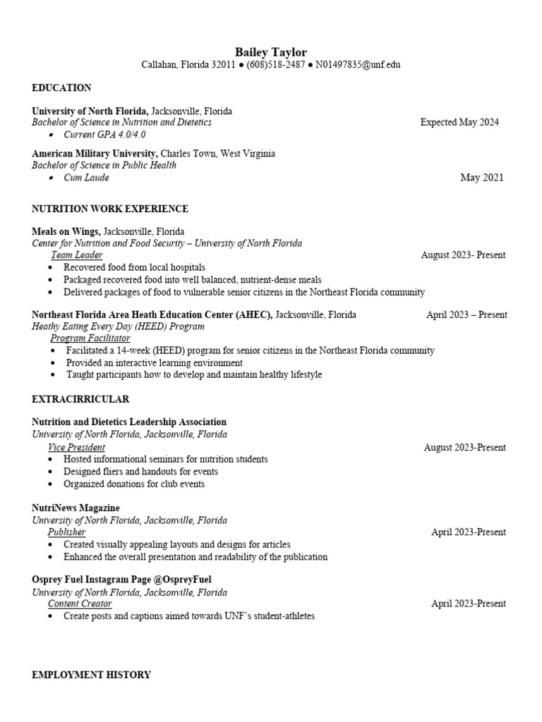 Resume Nutrition Bailey Taylor 2 | PDF | Dietitian | Air Traffic Control