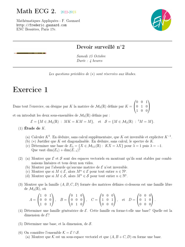 Devoir Surveillé Mathématiques ECG 2 | PDF | Matrice (Mathématiques ...