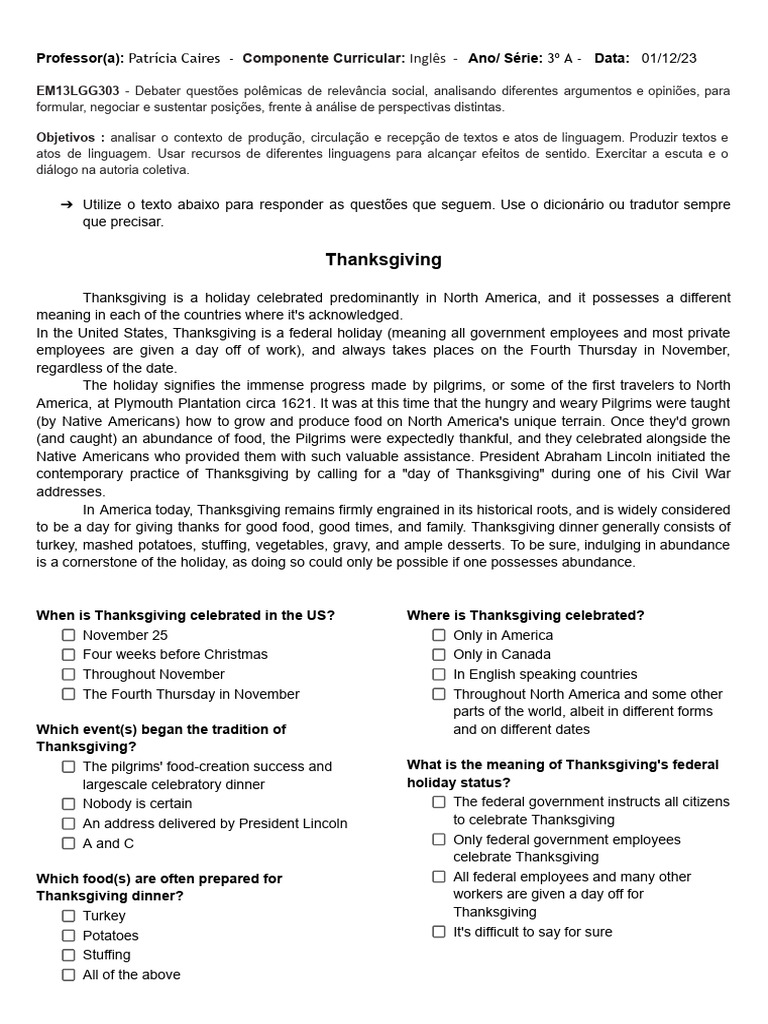 Atividade 3° A_Thanksgiving | PDF | Festival | Autumn