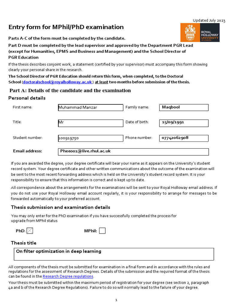 Entry Form Mphil PHD Examination | PDF | Thesis | Digital Library