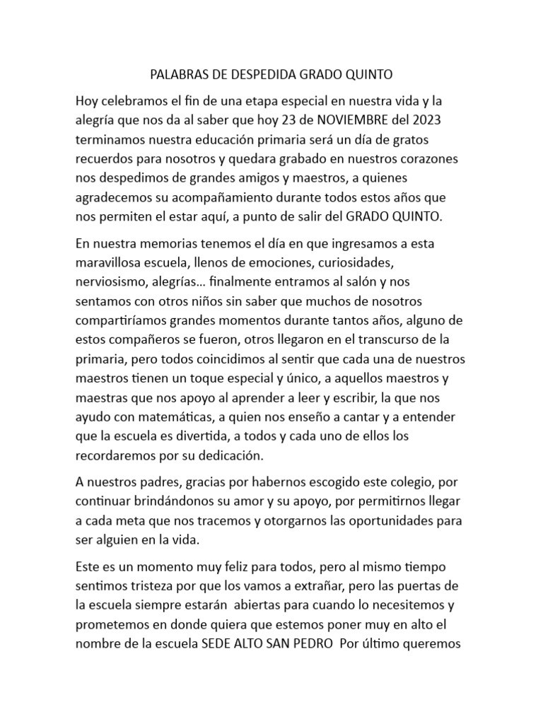 Palabras de Despedida Grado Quinto | PDF