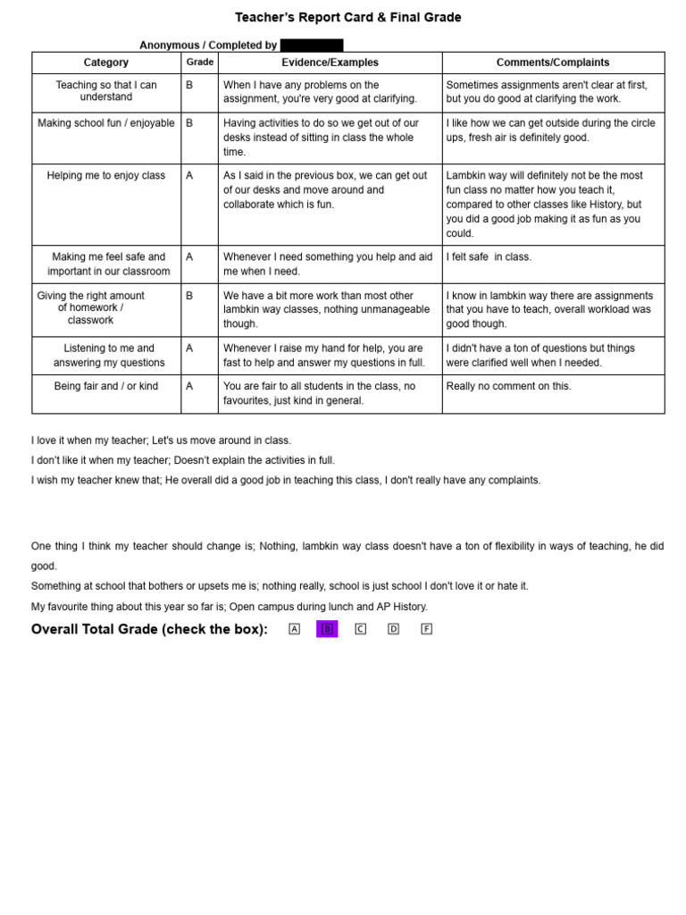 Teachers Report Card Final Grade | Download Free PDF | Teachers