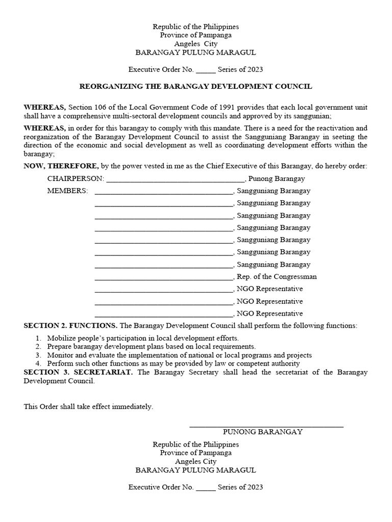 Barangay Development Council Reorganization | PDF | Disaster Risk ...