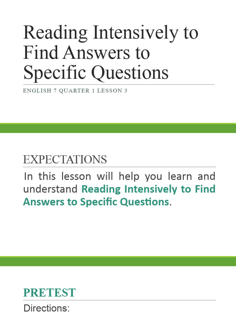 ENG7Q1L3-Reading Intensively To Find Answers To | PDF | Reading ...