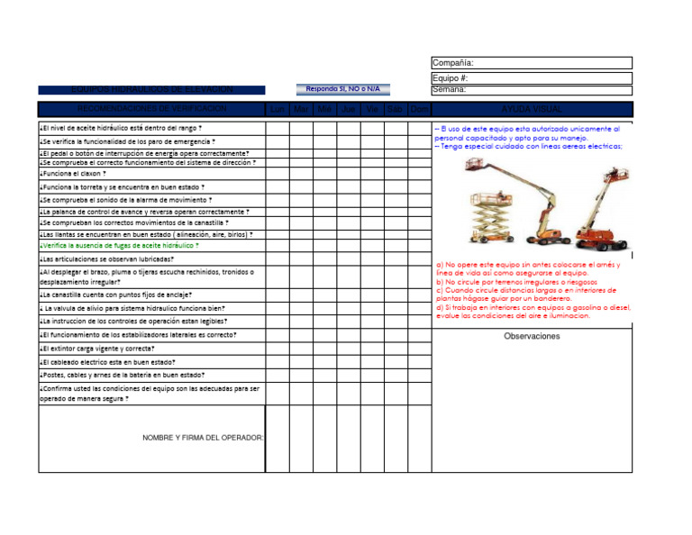 Check List PLATAFORMA DE ELEVACION | PDF | Bienes manufacturados ...