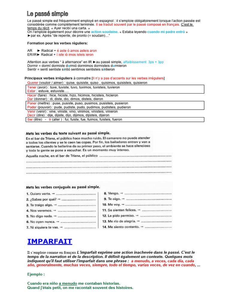 Passé Simple + Imparfait Leçon Avec Irréguliers + Exos 3 | PDF
