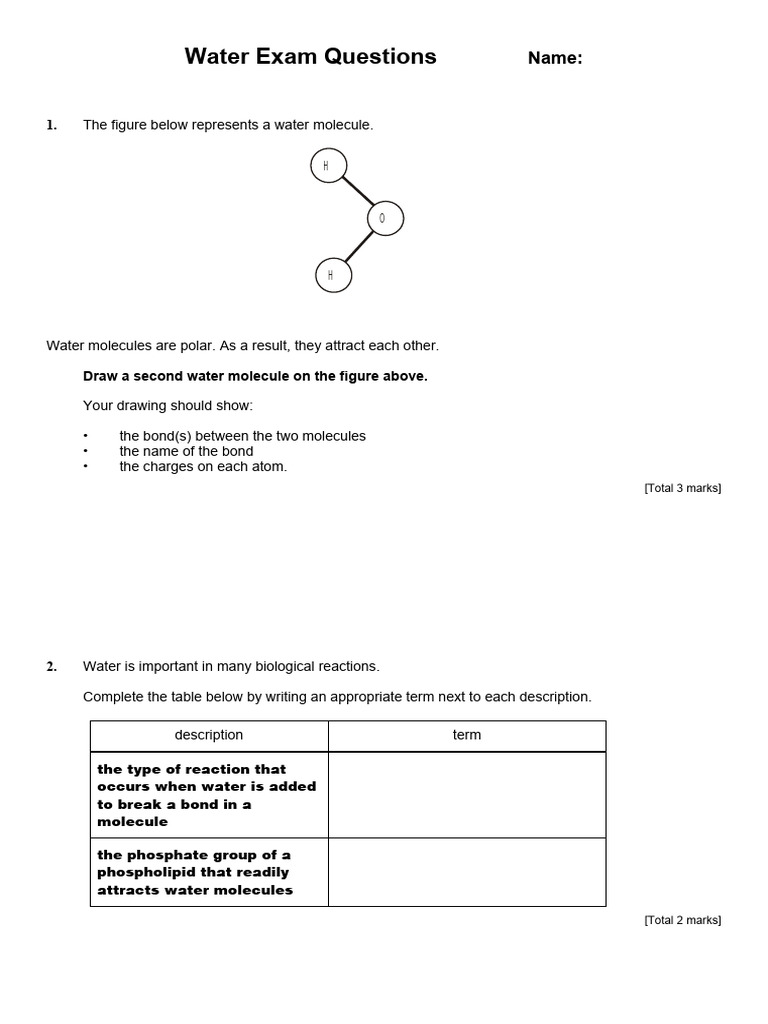 Water Exam Questions STUDENT | PDF | Properties Of Water | Water