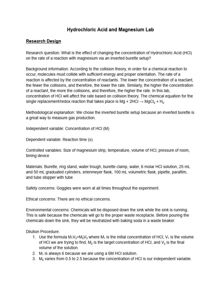 Hydrochloric Acid and Magnesium Lab | PDF | Reaction Rate | Chemical ...