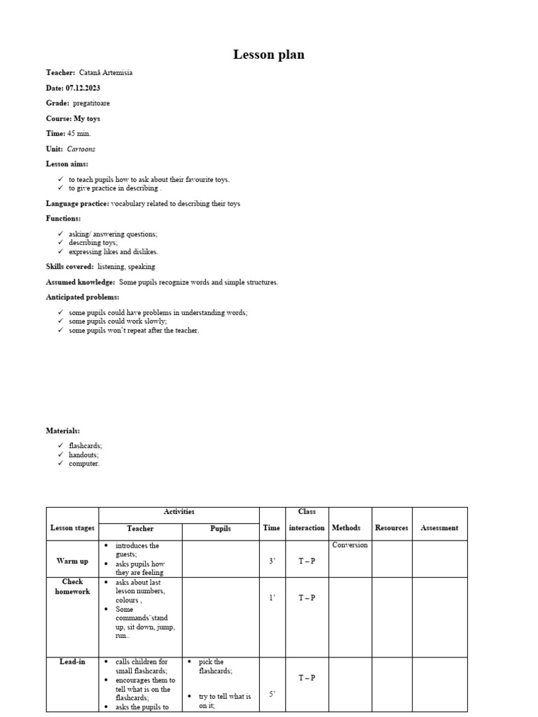 Plan de Lectie Clasa Pregatitoare | Download Free PDF | Teachers ...