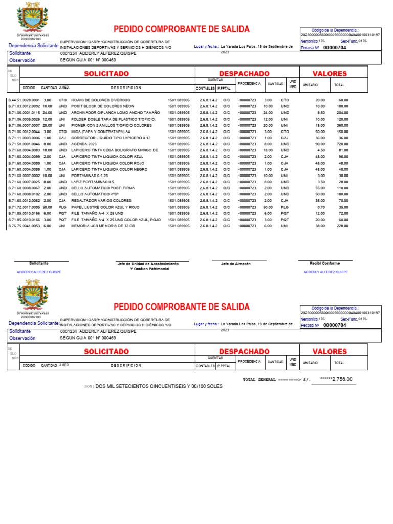 Pedido de Materiales - Aderly Quispe | PDF
