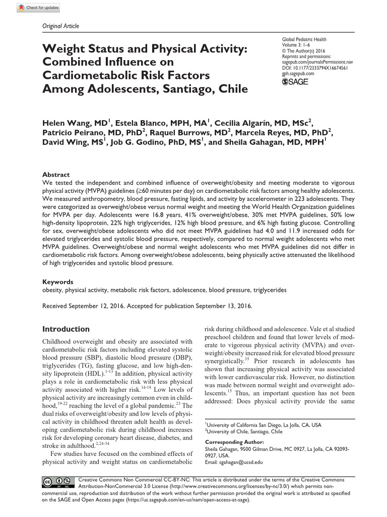 Wang 2016 Weight Status and Physical Activity, Combined Influence On Cardiometabolic Risk ...