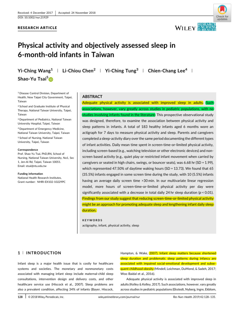 Wang 2019 Physical Activity and Objectively Assessed Sleep in 6 Month Old Infants in Taiwan ...