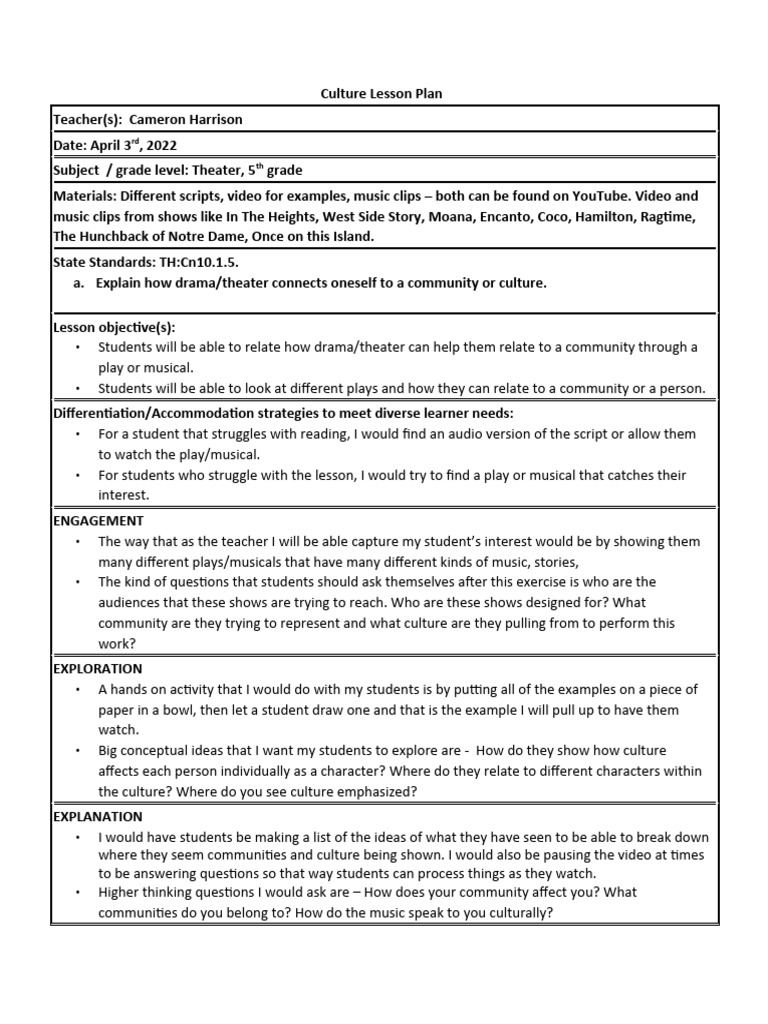 Culture Lesson Plan | PDF | Thought | Creativity Culture Lesson Plan | PDF | Thought | Creativity