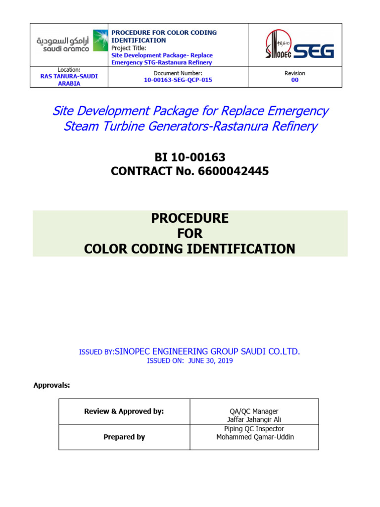 Color Coding Procedure | PDF | Pipe (Fluid Conveyance) | Building Materials