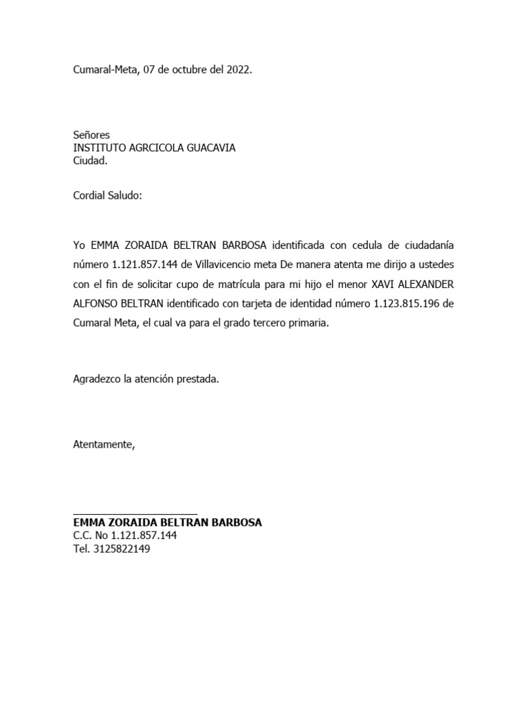 Carta Cupo de Matricula Yuly | PDF