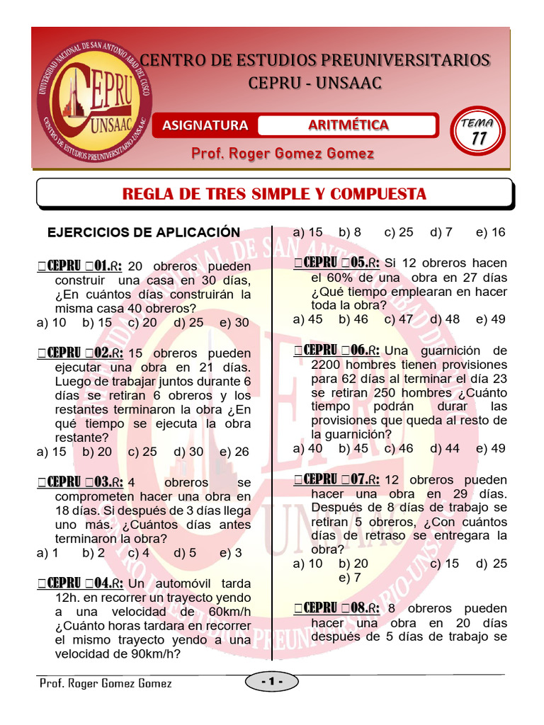Tema 11 Ejercicios de Regla de Tres Simple y Compuesta | PDF | Porcentaje | Números