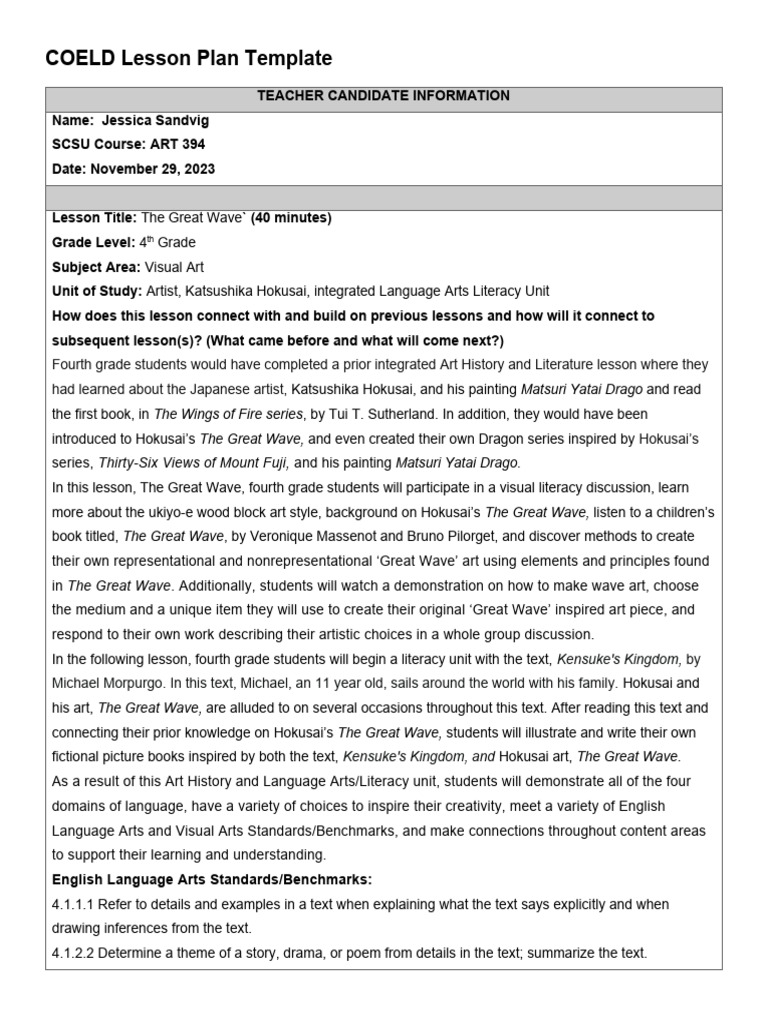 Fa23 Art 394 Final Scsu Coeld Edtpa Lesson Plan Jessica Sandvig | PDF ...