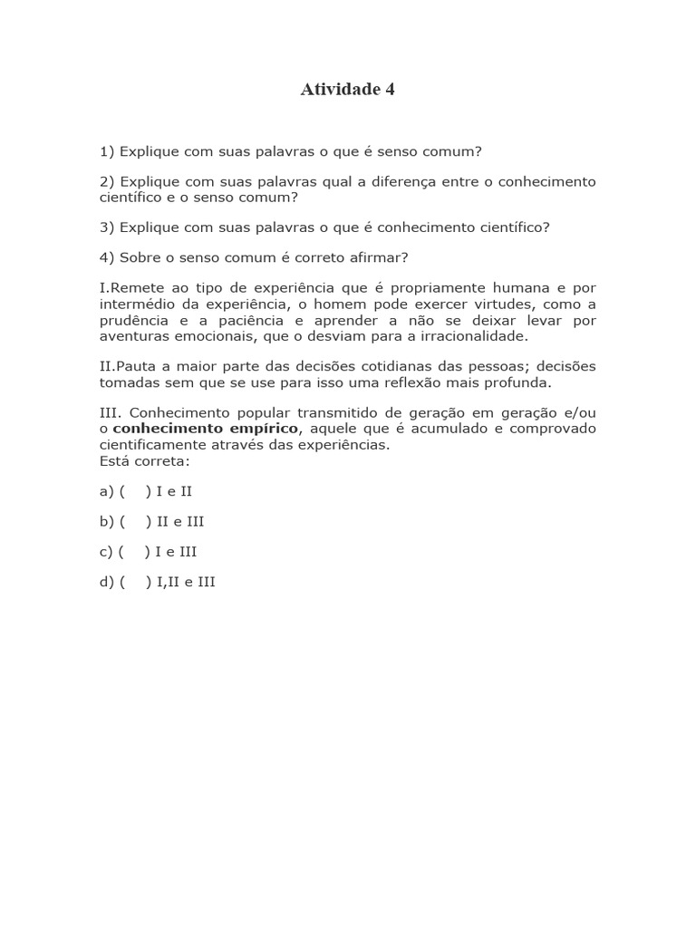 Atividade 4 Senso Comum e Conhecimento Científico | PDF