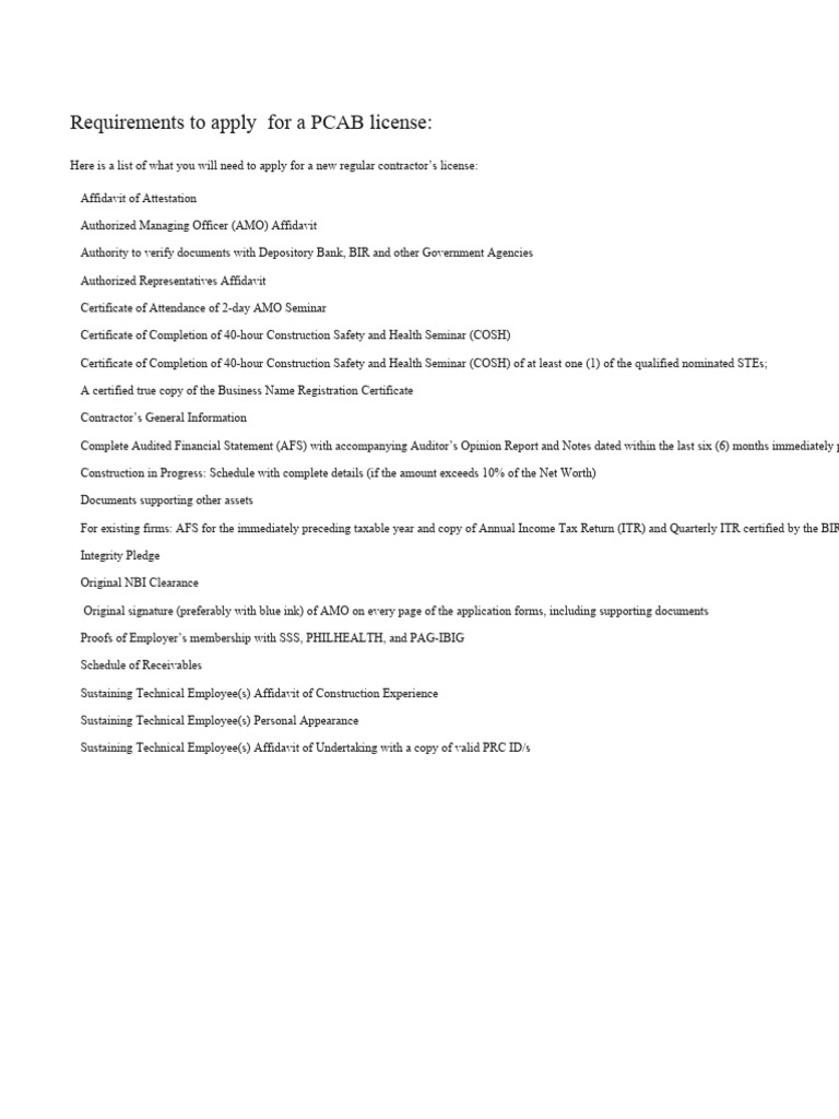 PCAB License Application Requirements 2025 | PDF