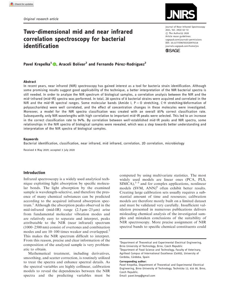 Krepelka Et Al 2020 Two Dimensional Mid and Near Infrared Correlation Spectroscopy For Bacterial ...
