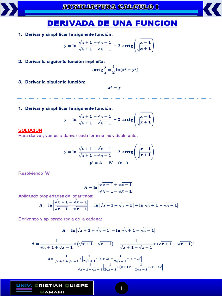 Derivada de Una Funcion: 1. Derivar y Simplificar La Siguiente Función ...