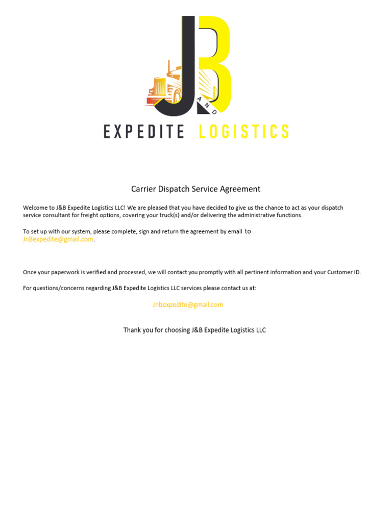 J & B Expedite Non-Binding Service Agreement Official 2023 - VMG TRANSPORT LOGISTIC LLC ...