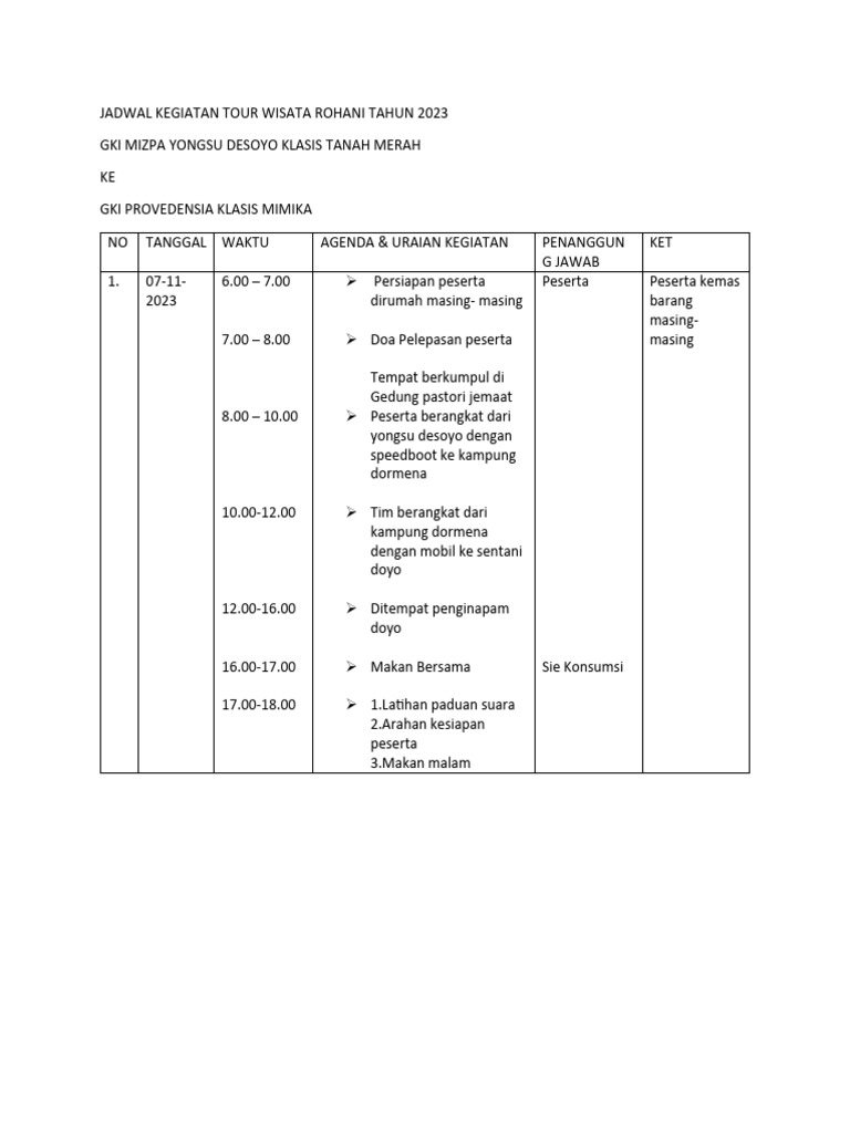 Jadwal Kegiatan Tour Wisata Rohani Tahun 2023 | PDF
