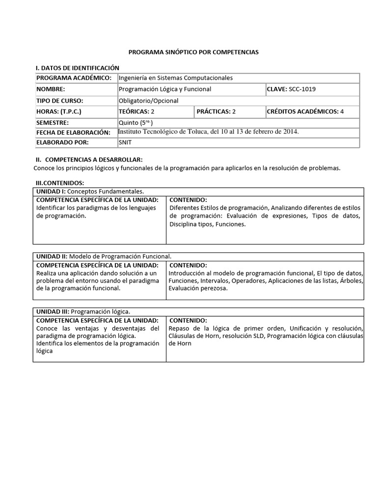 5 SCC-1019 ProgramacionLogicayFuncionalSinoptico | PDF | Programacion ...