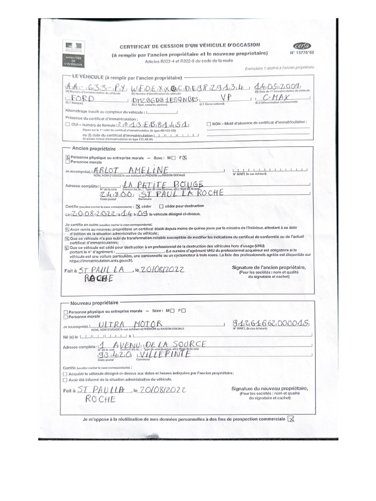 Certificat de Cession D'un Véhicule D'occasion PDF | PDF