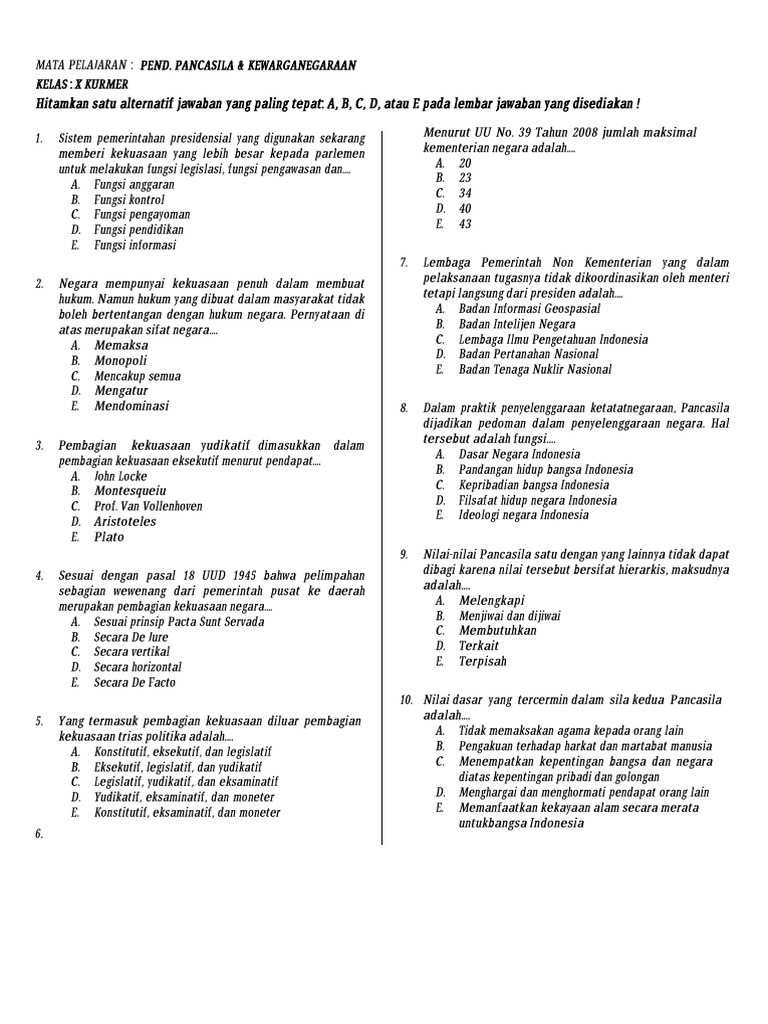 Soal Pas PKN Kelas X Kurmer | PDF