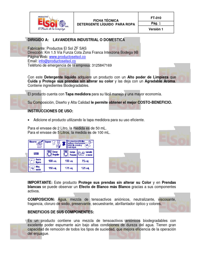 10 FT Detergente Liquido El Sol 3 Ficha Técnica | PDF | Detergente | Agua